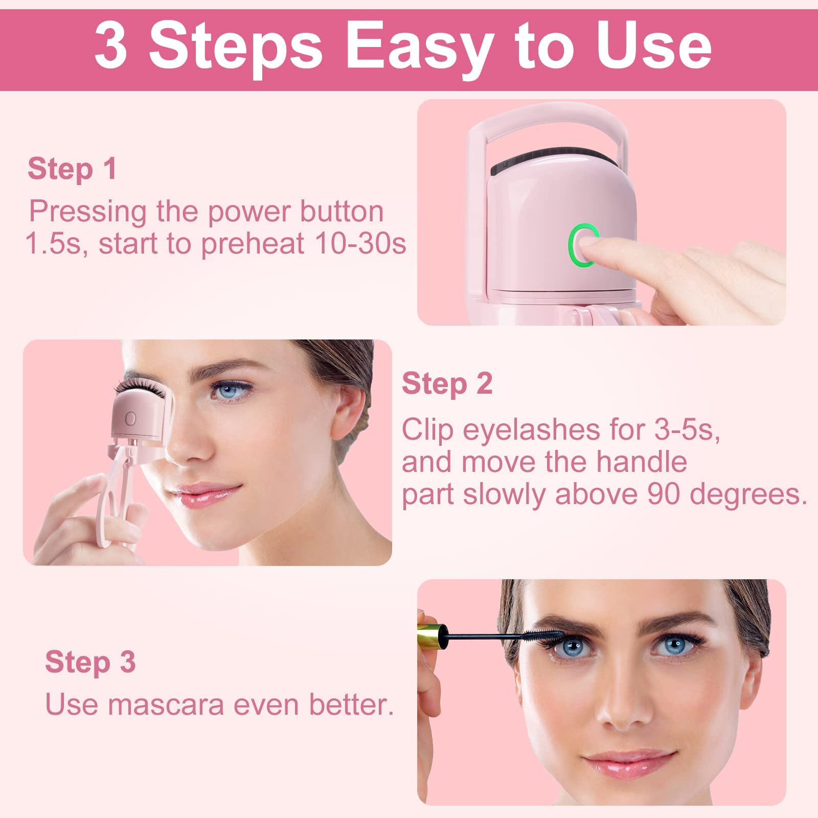 Electric Heated Eyelash Curler - Eyelash Curlers with 2 Heating Modes,Eyelash Curlers Heated with USB Rechargeable, electrico Lashes Curling Quick Natural Long Lasting Lash Tool Eyelash Curler (Pink)