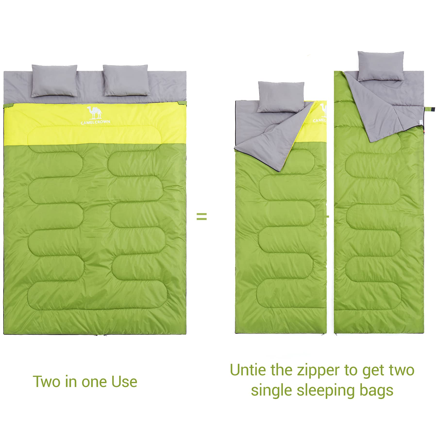 CAMEL CROWN Sleeping Bag for Adults Kids Double Sleeping Bag with 2 Pillows 4 Seasons Warm & Cool Weather Lightweight Backpacking Sleeping Bag for Hiking & Camping (Fruit Green)