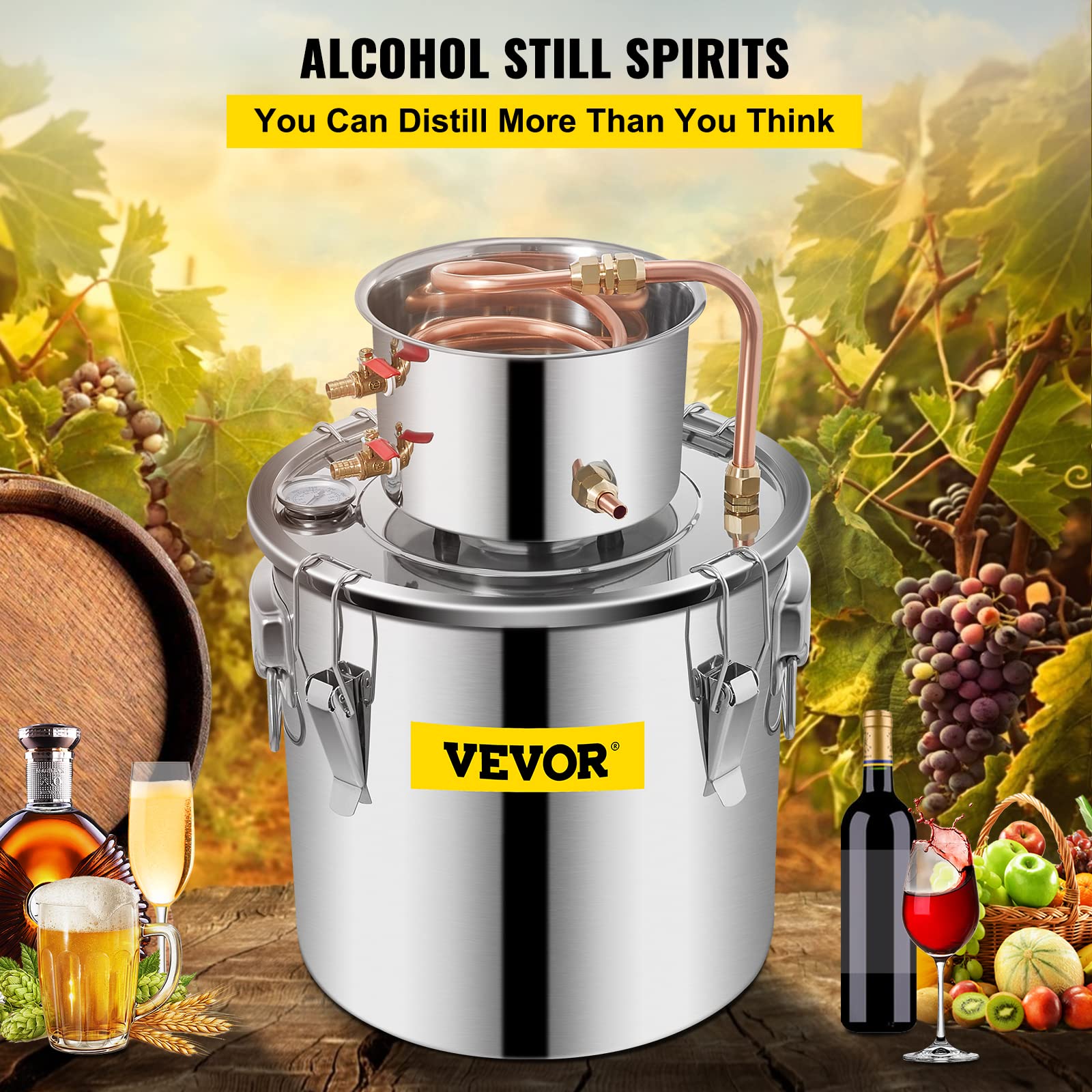 VEVOR Alcohol Still 5Gal/20L Alcohol Distiller Stainless Steel Distillery Kit for Alcohol With Copper Tube & Pump Home Brewing Kit Build-in Thermometer for DIY Whisky Wine Brandy