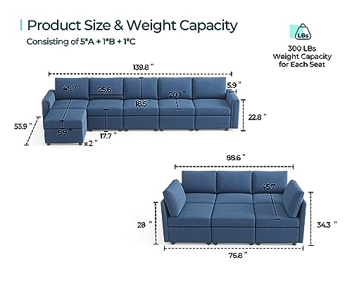 LINSY HOME Modular Sectional Sleeper Sofa, Convertible Sofa Bed with Memory Foam, Storage, Modular Sectionals Couch with Chaise for Family Movie Night, Living Room Furniture Sets, Blue