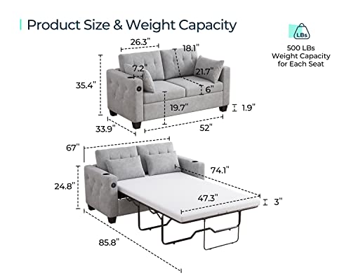LINSY HOME Pull Out Sofa Bed, 2-in-1 Convertible Sleeper Couch with Memory Foam Mattress, Two Seat Loveseat Sleeper Sofa Bed for Living Room, Grey, Full Size