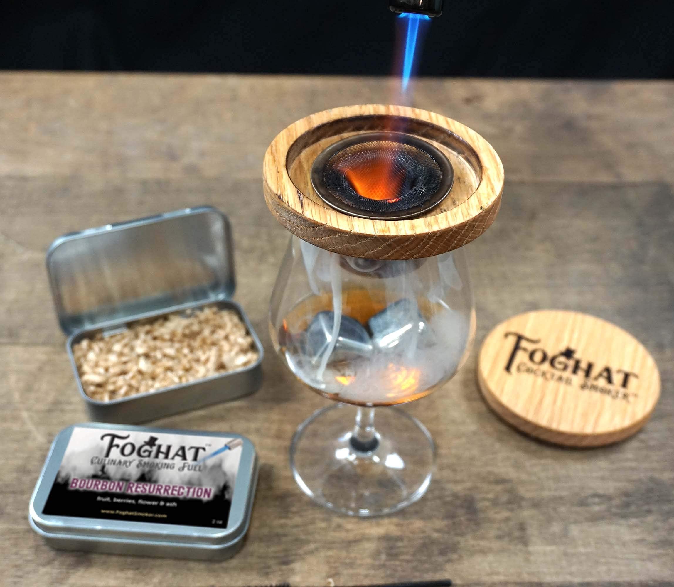Foghat Cocktail Smoker with Bourbon Barrel Wood Shavings and Bourbon Resurrection Foghat Culinary Smoking Fuel Bundle