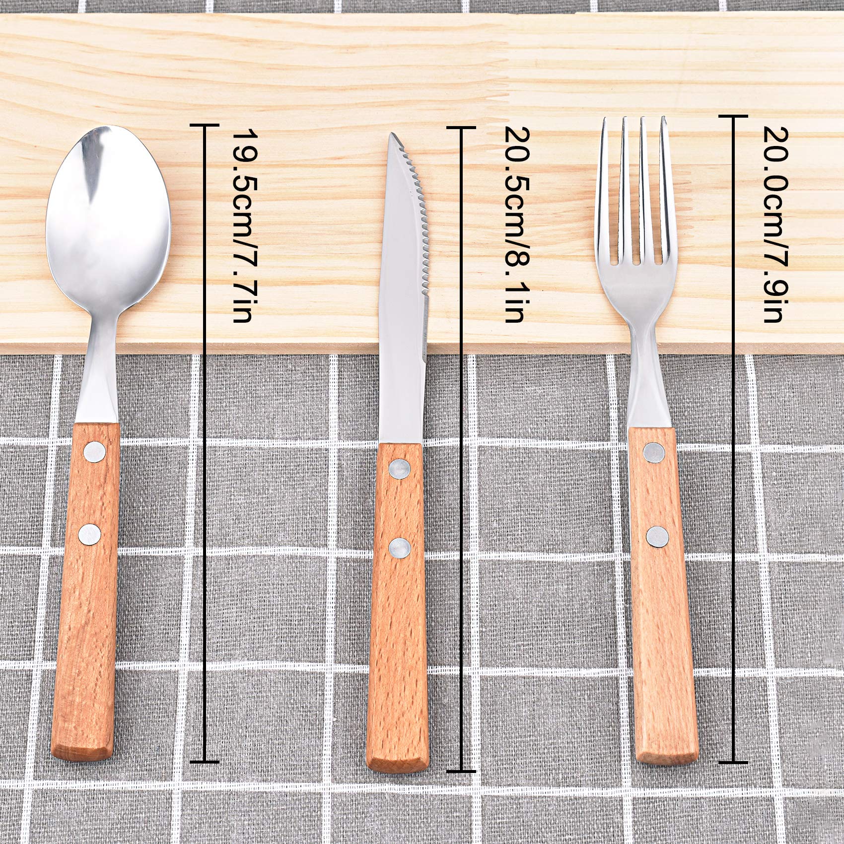 Lnrkai Cutlery Sets of 6, Dinner Spoons, Knife and Fork Set, Stainless Steel with Wooden Wide Handles, Flatware Set Tableware Dinnerware, Service for 2 Adult