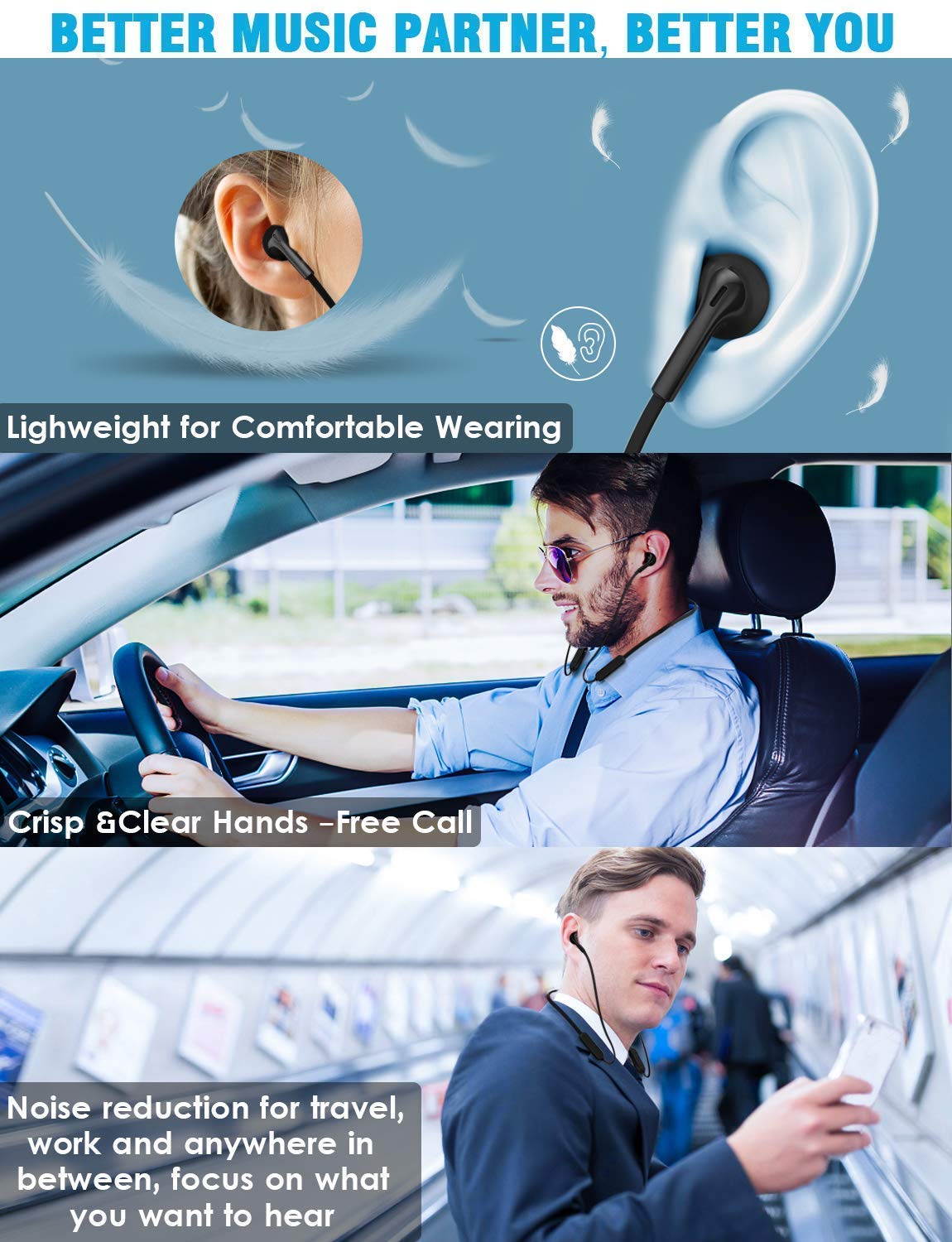 Bluetooth Headphones Sports Earbuds 5.0 Magnetic Bluetooth Earphones IPX5 Waterproof Noise Cancelling Headset for Running,Cycling,Workout