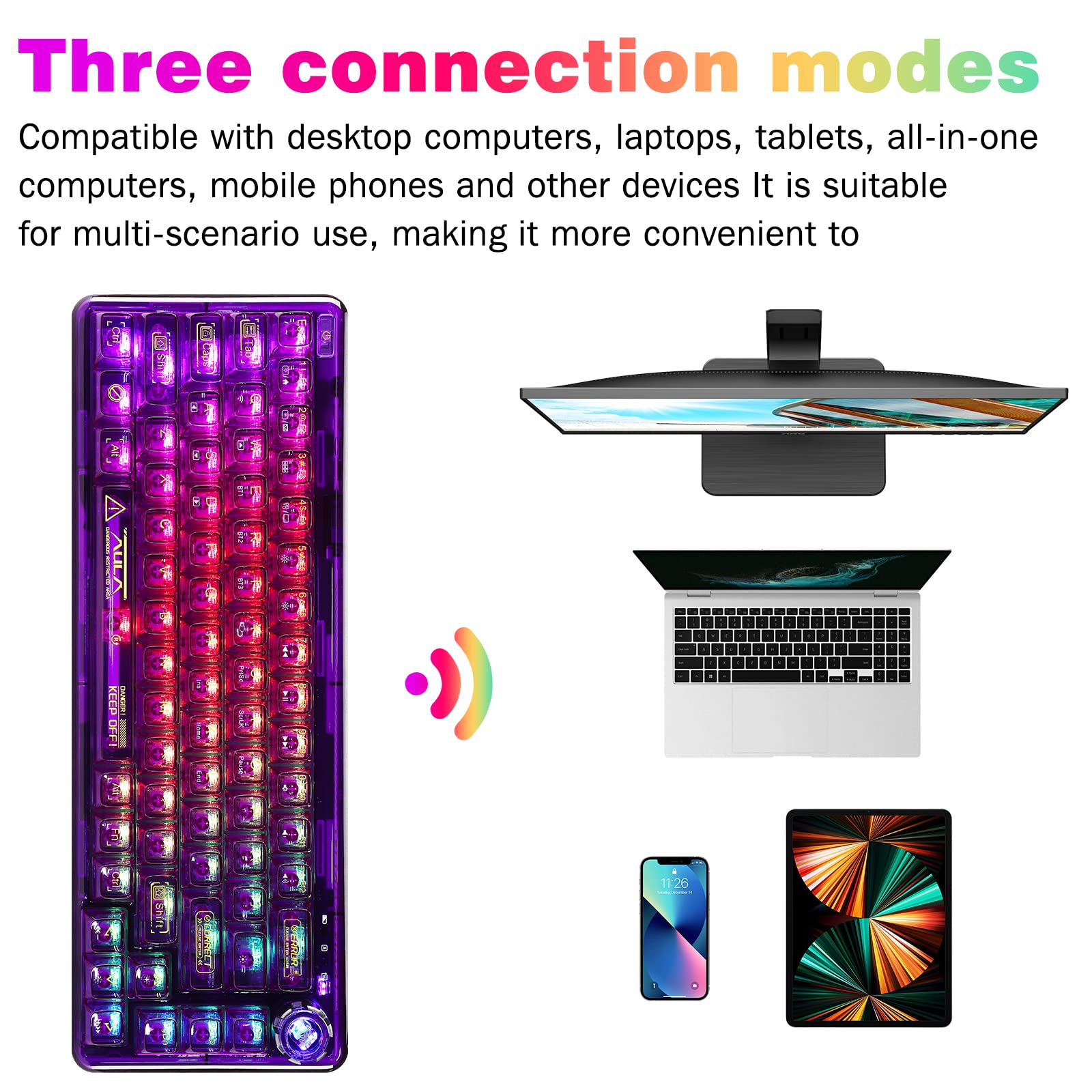 CHICHEN 60% Portable Mechanical Gaming Keyboard,Hot-swappable RGB Backlit Compact 68 Clear Keycaps,2.4Ghz wireless/Bluetooth/USB-C,Transparent Gasket Ice Crystal Switch (Transparent Black)