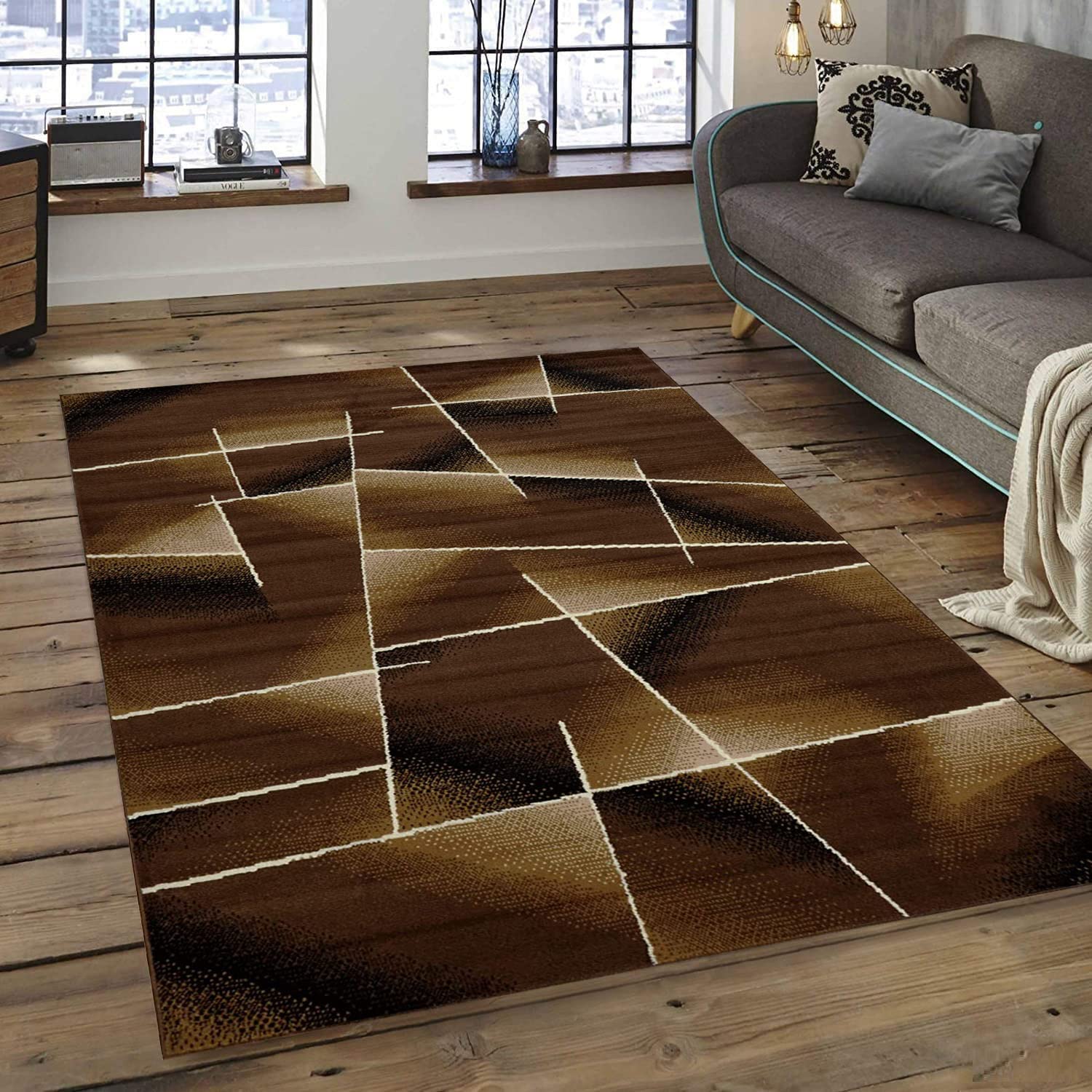 Champion Rugs Modern Area Rug Geometric Boxes Abstract Lines Pattern Multicolor Brown (2β X 7β Runner)
