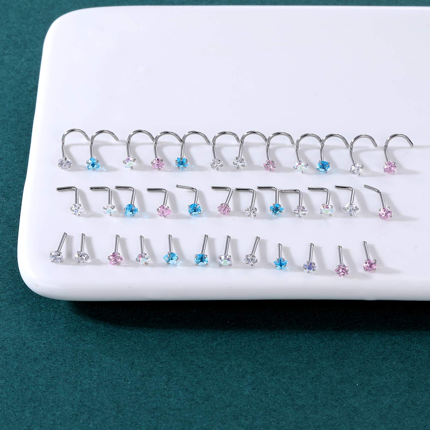 ZS 9-12PCS 20g Surgical Stainless Steel Nose Stud Ring Piercing Nose Bone/L Shaped/Nose Screws Rings Set (12pcs nose screws style)