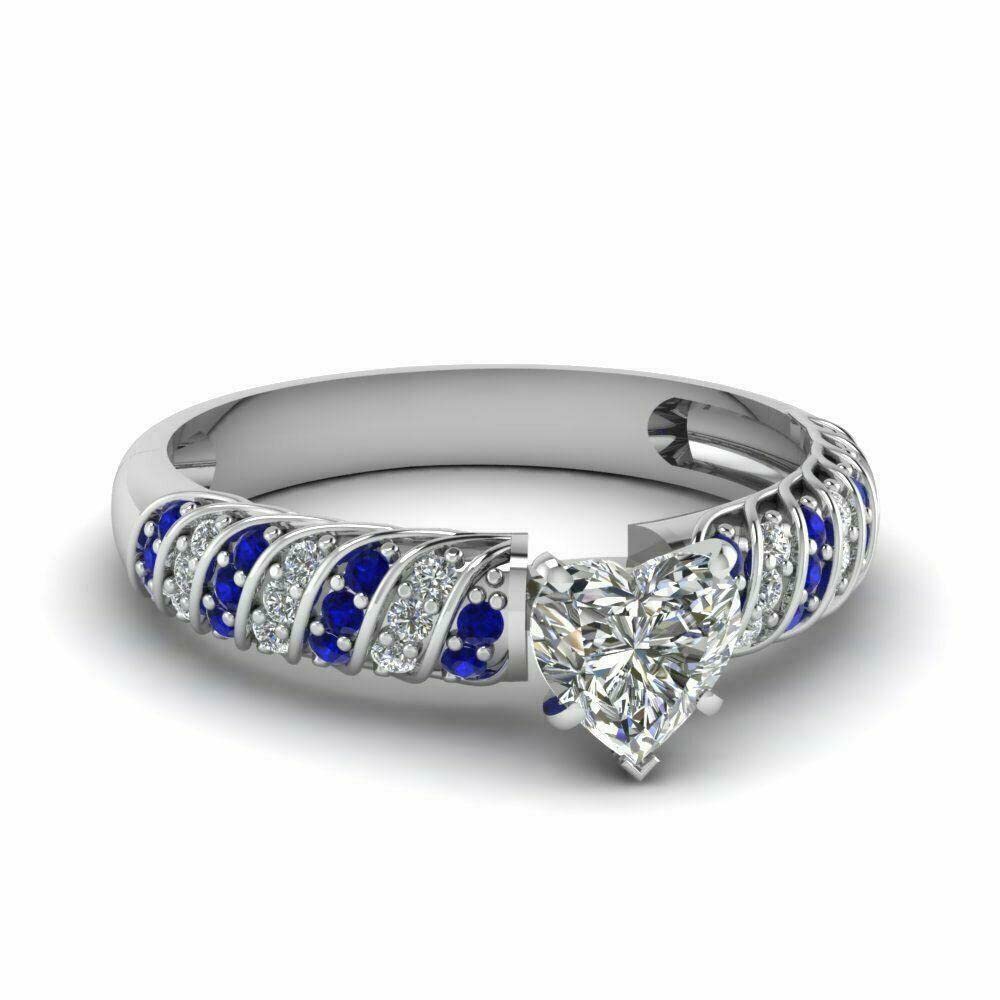 Creations Jewel Shop 3.25 Heart Cut White & Blue Sapphire Diamond Solitaire Engagement Ring (Size:- 8) for Engagement Ring/Wedding/Valentines