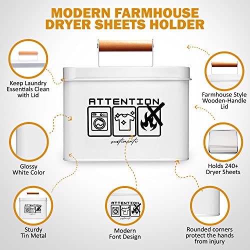 Vestimente Gloss Finish Metal Modern Farmhouse Laundry Storage Container | Laundry Room Decor/Organizers | Dryer Sheets Holder/Bin | Laundry Accessories (White)