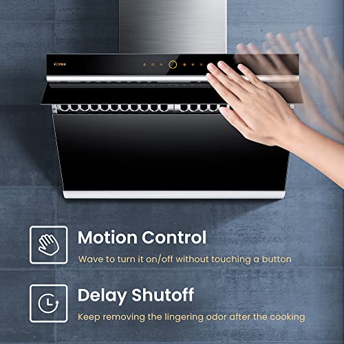 FOTILE JQG7505 30β Under-Cabinet or Wall-Mount Range Hood | Dual DC-Motor | Slant Vent Design | Hands Free On and Off | Touchscreen with 4 Speed Level | Modern Kitchen Onyx Black Glass