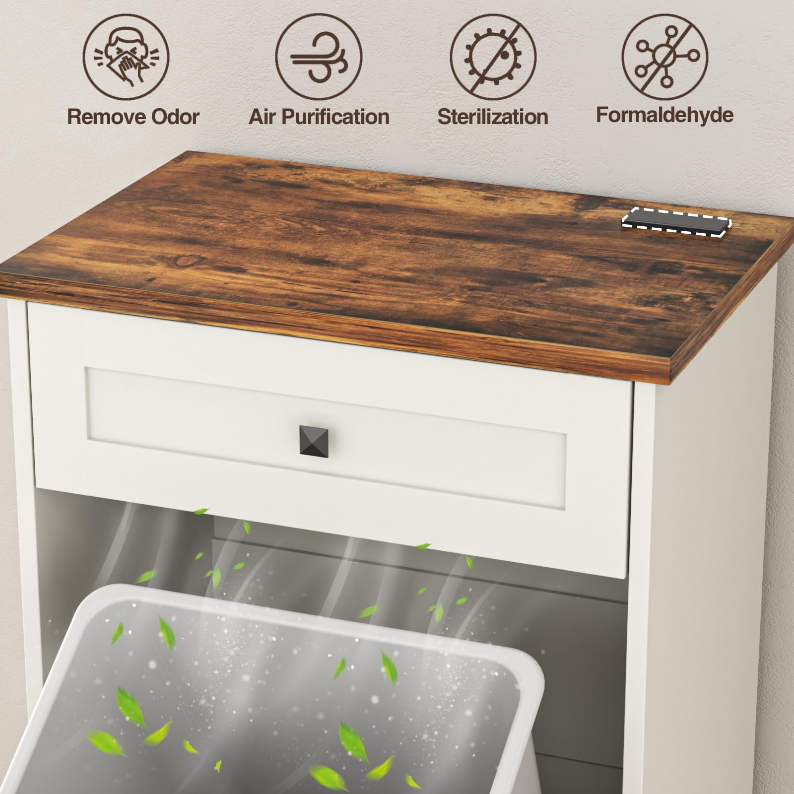 Double Tilt Out Trash Can Cabinet, 13 Gallon Hidden Trash Can Cabinet with Deodorizing Function, Farmhouse Wooden Garbage Trash Bin Cabinet for Kitchen Living Room, White