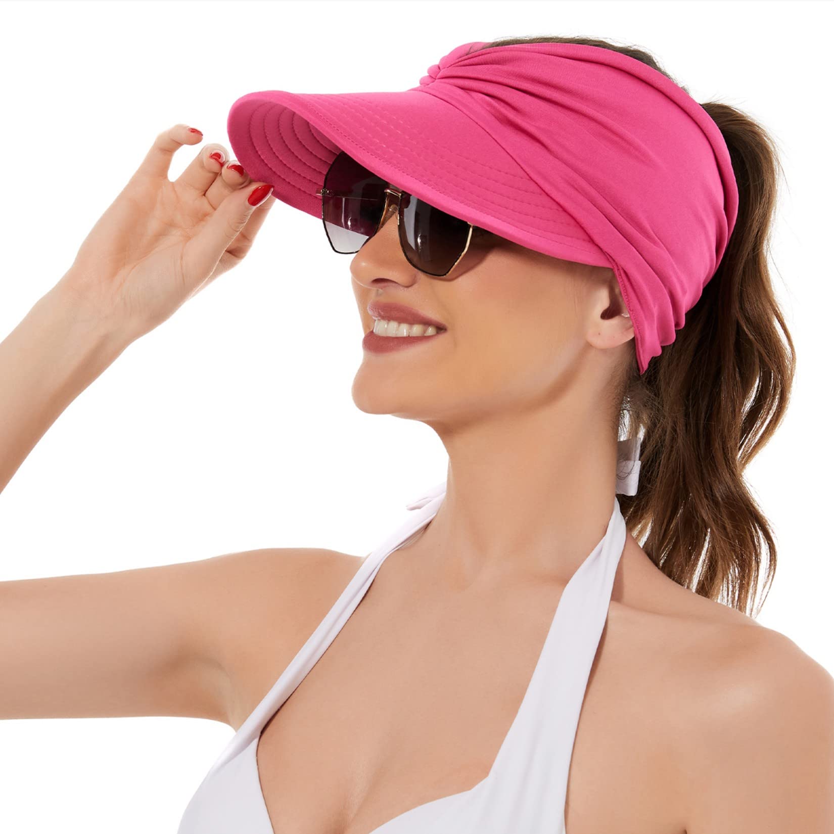 Century Star Sun Visor Hat for Women Wide Brim Sun Hats UPF 50+ UV Protection Summer Foldable Ponytail Beach Hats Z Rose Red One Size