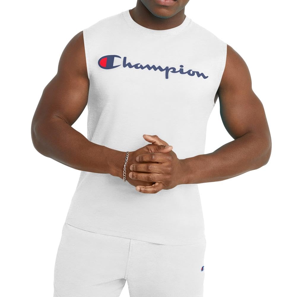 Champion T-Shirt, Sleeveless, Tank, Classic Muscle Tee Top for Men (Reg Tall), White Script, 3X-Large Big