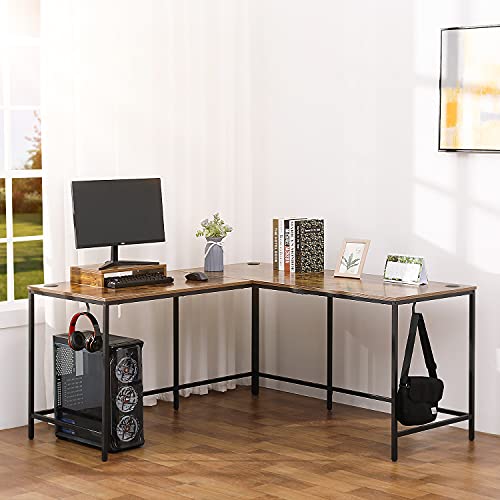 KOTPOP L Shaped Desk, 92β Home Office Computer Desk, Gaming Desk Reversible Corner Gaming Computer Desk with Monitor Stand, Sturdy Writing Workstation Table 3 Cable Holes, Rustic Brown