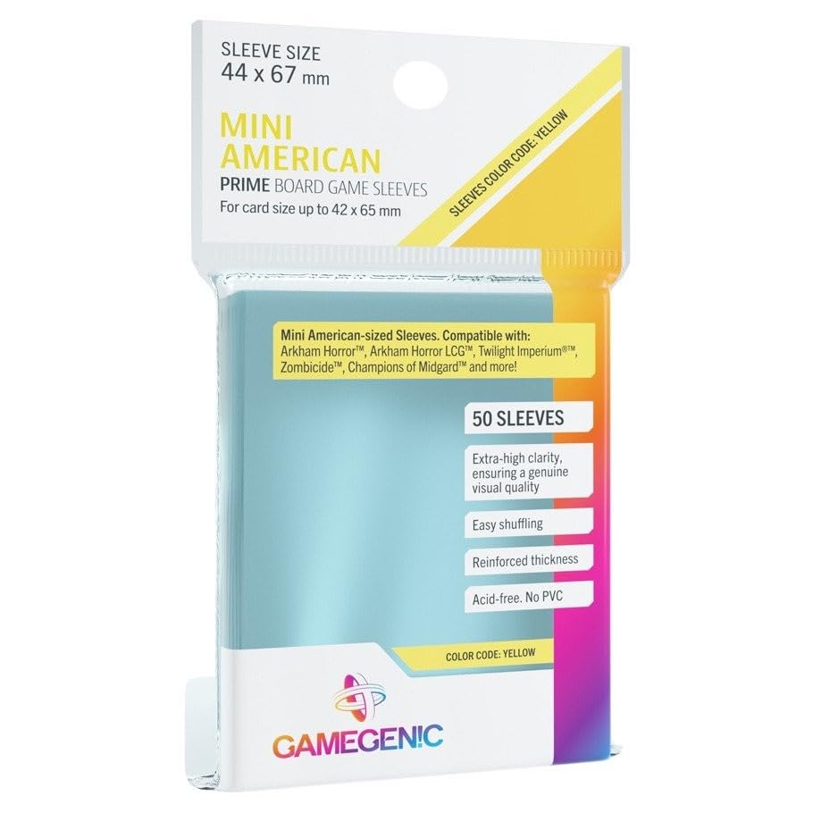Prime Board Game Sleeves | Pack of 50 Extra-Clear Sleeves | 44 by 67 mm Card Sleeves Optimized for Mini American Card Games | Premium Card Protection | FFG Yellow Color Code | Made by Gamegenic