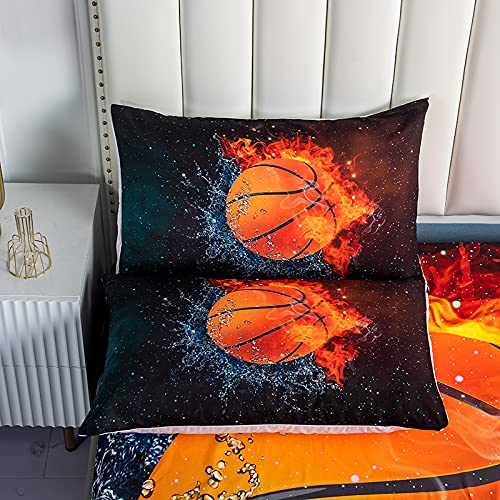Roscloud Sports Basketball Sheets Sets Full Size - 3PC Ice Flame Galaxy Basketball Boys Fitted Sheet(Fitted Sheet*1 Pillowcases*2)