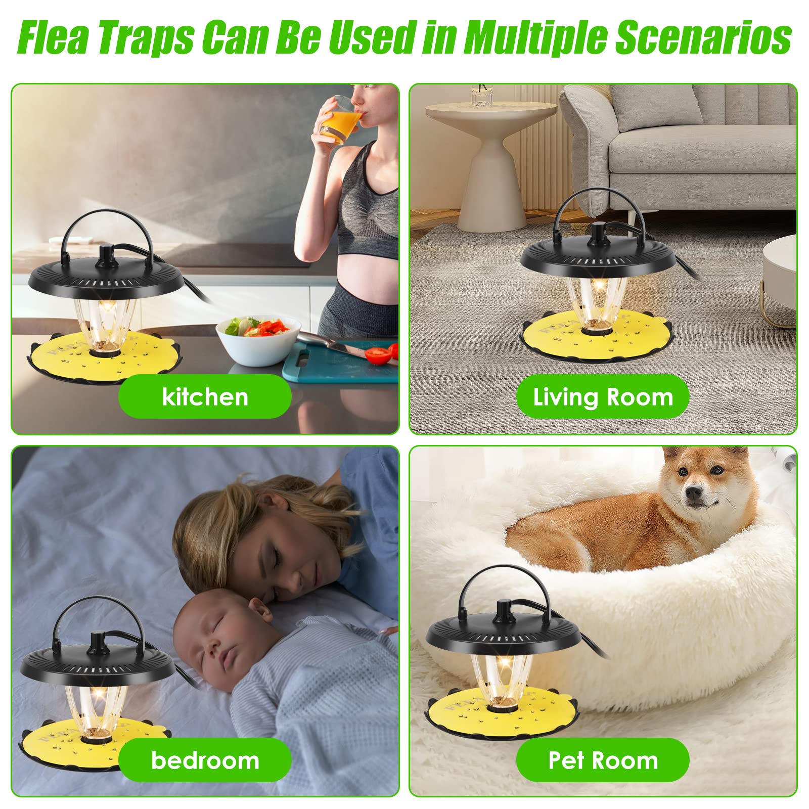 Flea Trap Indoor 2Pcs,Flea Strap Flea Killer Trap Pad Bed Bug Trap with 10 Glue Discs flea 4 Light Bulb Flea Trap for Inside Your Home Like Fleas,Flies,Mosquitoes,Gnats,Moths