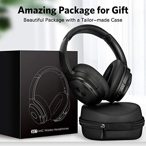 Qisebin Active Noise Cancelling Headphones, SE7 Bluetooth Headphones with Microphone Deep Bass Wireless Headphones Over Ear, Comfortable Protein Earpads, 30 Hours Playtime for Travel/Work, Black
