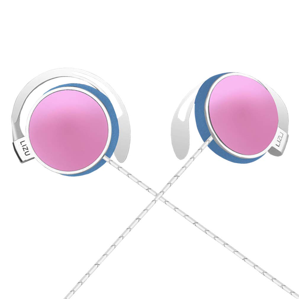 C-YOUNG Clip On Earphones,Over Ear Running Stereophone Headphones for Workout Exercise Gym Compatible for iPhone, Android Mobile Phone, with Microphone and Call Controller Stereo Earphones (Pink)
