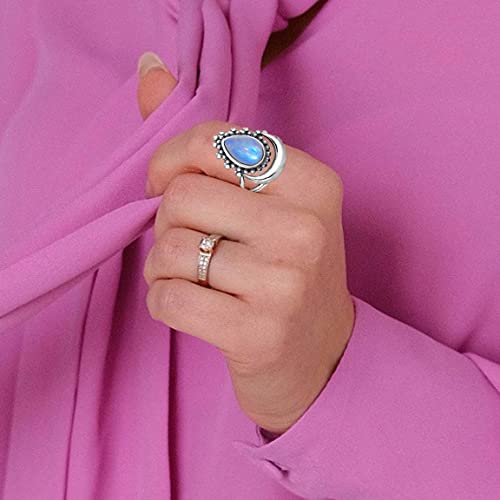 DALEGEM Natural Moonstone Crystal Stone Ring,S925 Sterling Silver Waterdrop Floodlit Quartz Gemstone Crescent Moon Boho Statement Ring Jewelry Gift for Women Girls Her (Ring_Moonstone, 10)