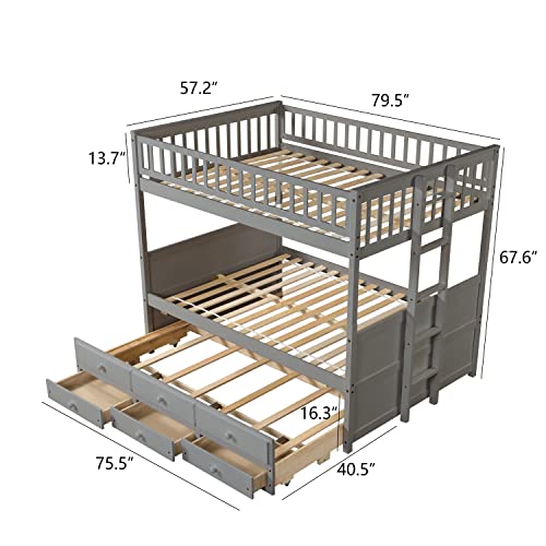 OUYESSIR Full Over Full Bunk Bed with Trundle and 3 Drawers, Full Size Bunk Beds Convertible to 2 Platform Beds, Solid Wood Bunk Bed with Twin Size Trundle and 3 Storage Drawers (Grey, Ladder)