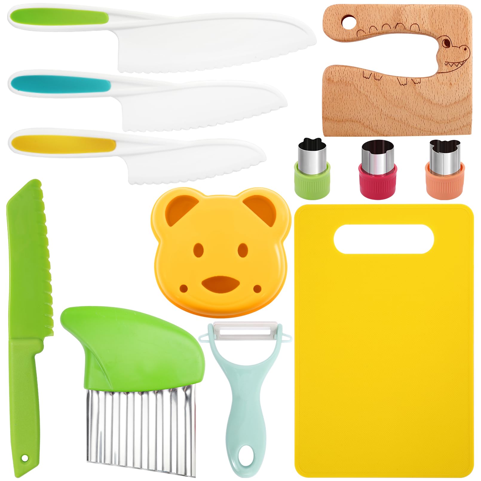 VERTGB 12 Pcs Kids Knife Set,Wooden Kids Kitchen Knife,Kids Knives for Real Cooking,Plastic Kids Knife with Cutting Board,Serrated Edges Toddler Knife,Potato Slicer,Y Peeler,DIY Mold