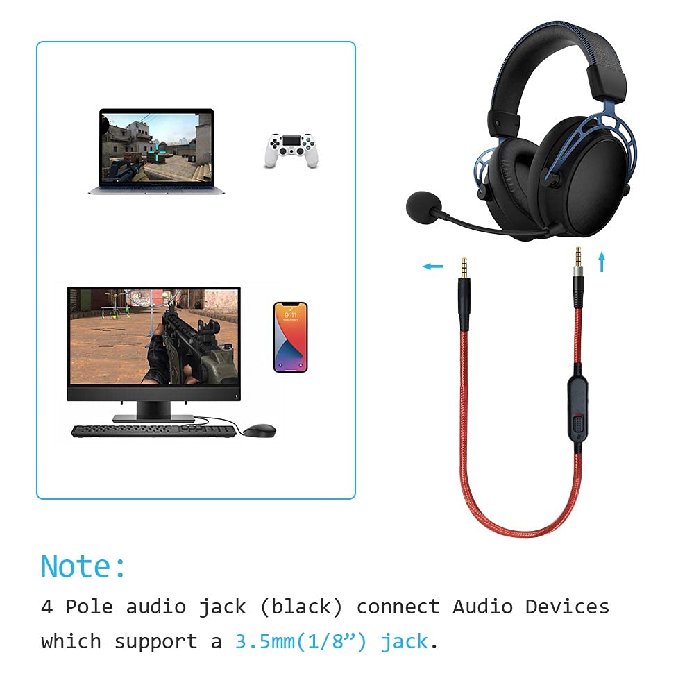 MJKOR Replacement Audio AUX Cable Compatible with HyperX Cloud Mix and Cloud Alpha Gaming Headset, Inline Mute and Volume Control(No Inline Mic, Red)