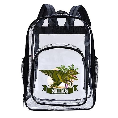 J&SBGFT Personalized Clear Backpack for Boys,Custom Dinosaur Clear Backpacks with Name,Transparent Backpack with Reinforced Strap,See Through Book Bag,Waterproof Heavy Clear Book Bag for School