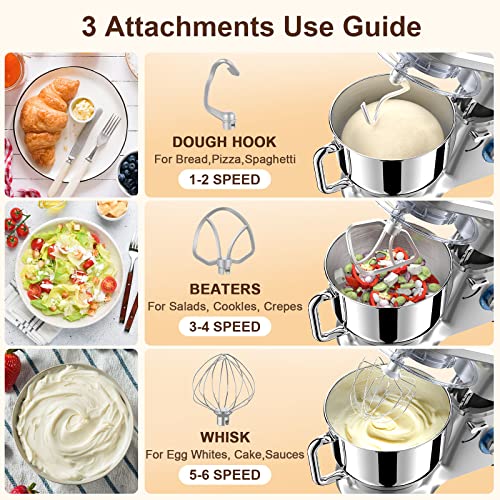 SASA ROCOO Stand Mixer 660W 6+P Speed Tilt-Head Electric Kitchen Mixer with 7.5 Qt Stainless Steel Bowl, Beater, Dough Hook, Whisk, Beater for Baking, Bagel, Cake, Pizza,Dishwasher Safe (silver)
