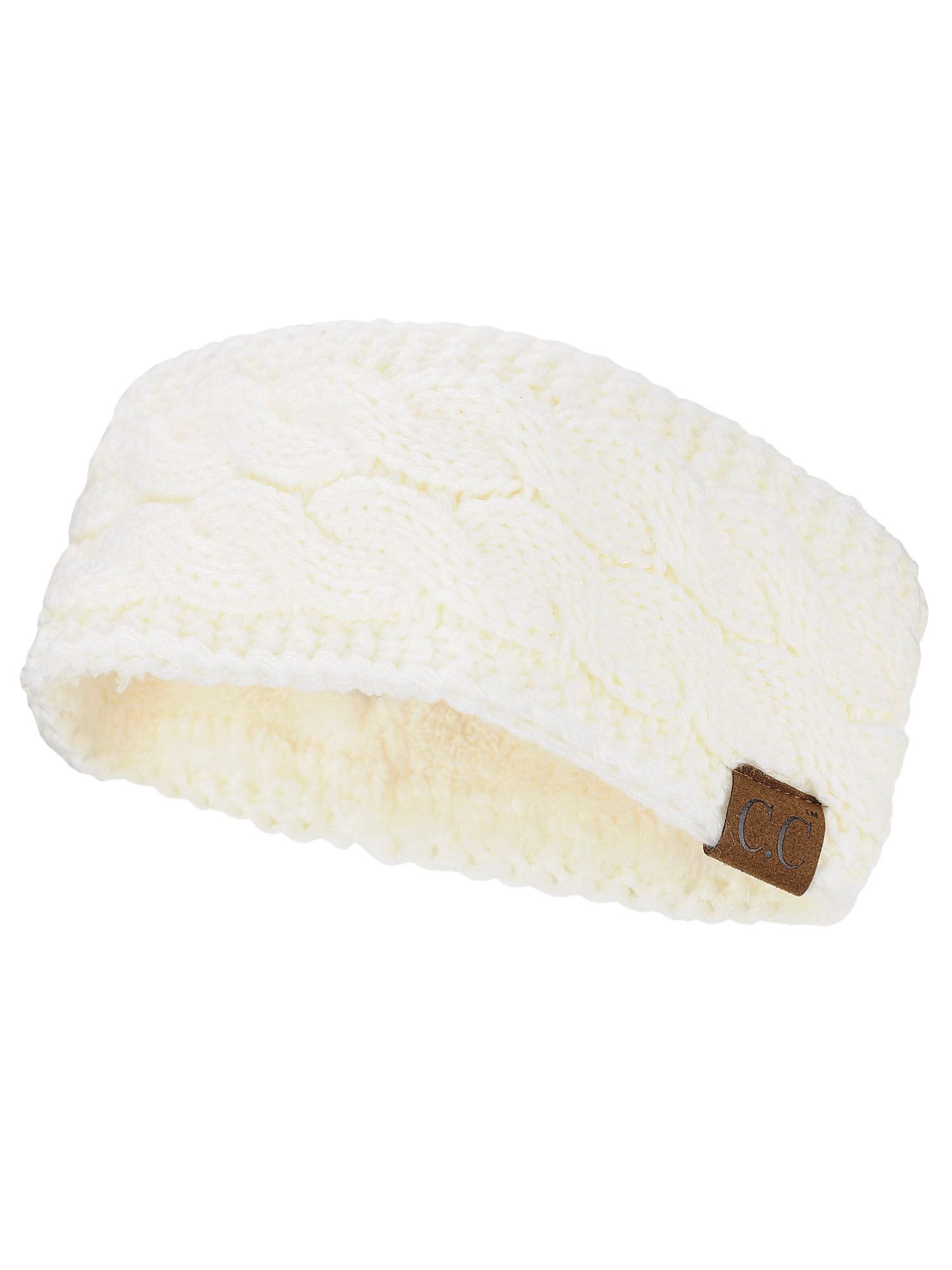 C.C Soft Stretch Winter Warm Cable Knit Fuzzy Lined Ear Warmer Headband, Ivory