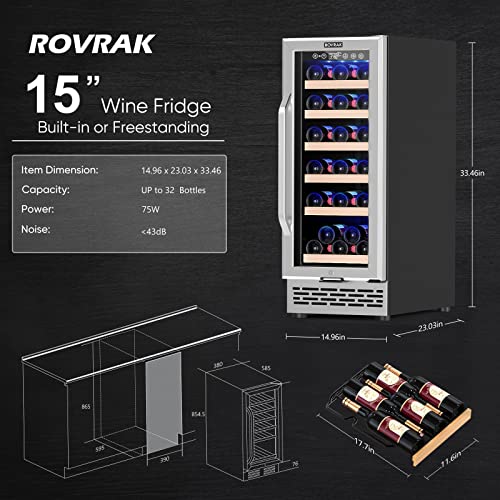 ROVRAk Upgrade Wine Cooler Refrigerator, 15 Inch 32 Bottle, Fast Cooling Low Noise and Frost Free Wine Fridge with Digital Temperature Control, Compressor Wine Cooler for Built-in or Freestanding