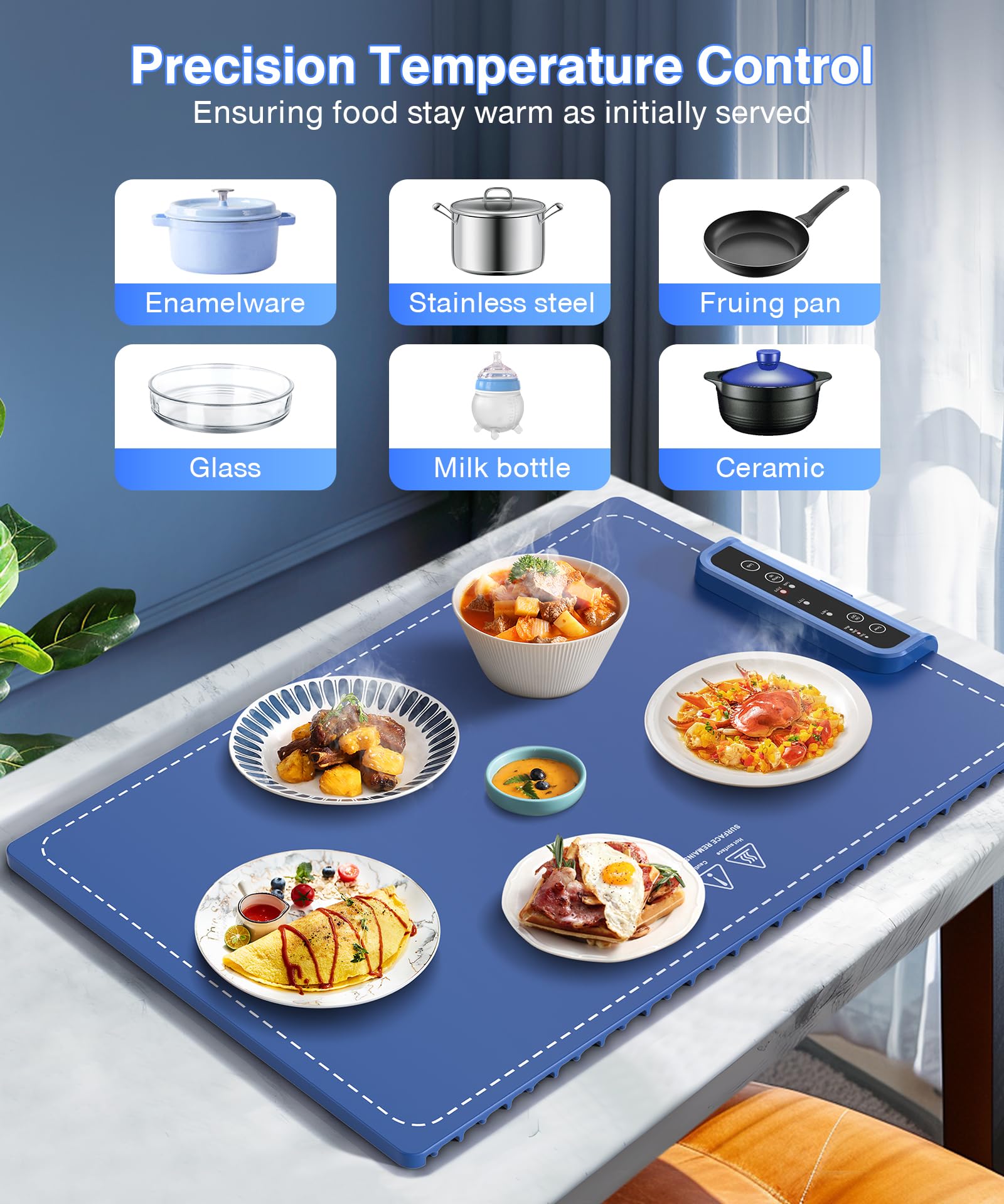 Electric Warming Tray - Full Surface Heating,Rollable & Portable - 3 Temperature Settings & Fast Heating,Food Warmer Rolling Silicone Mat for Gatherings,Parties, Buffet,Everyday Use (Blue)