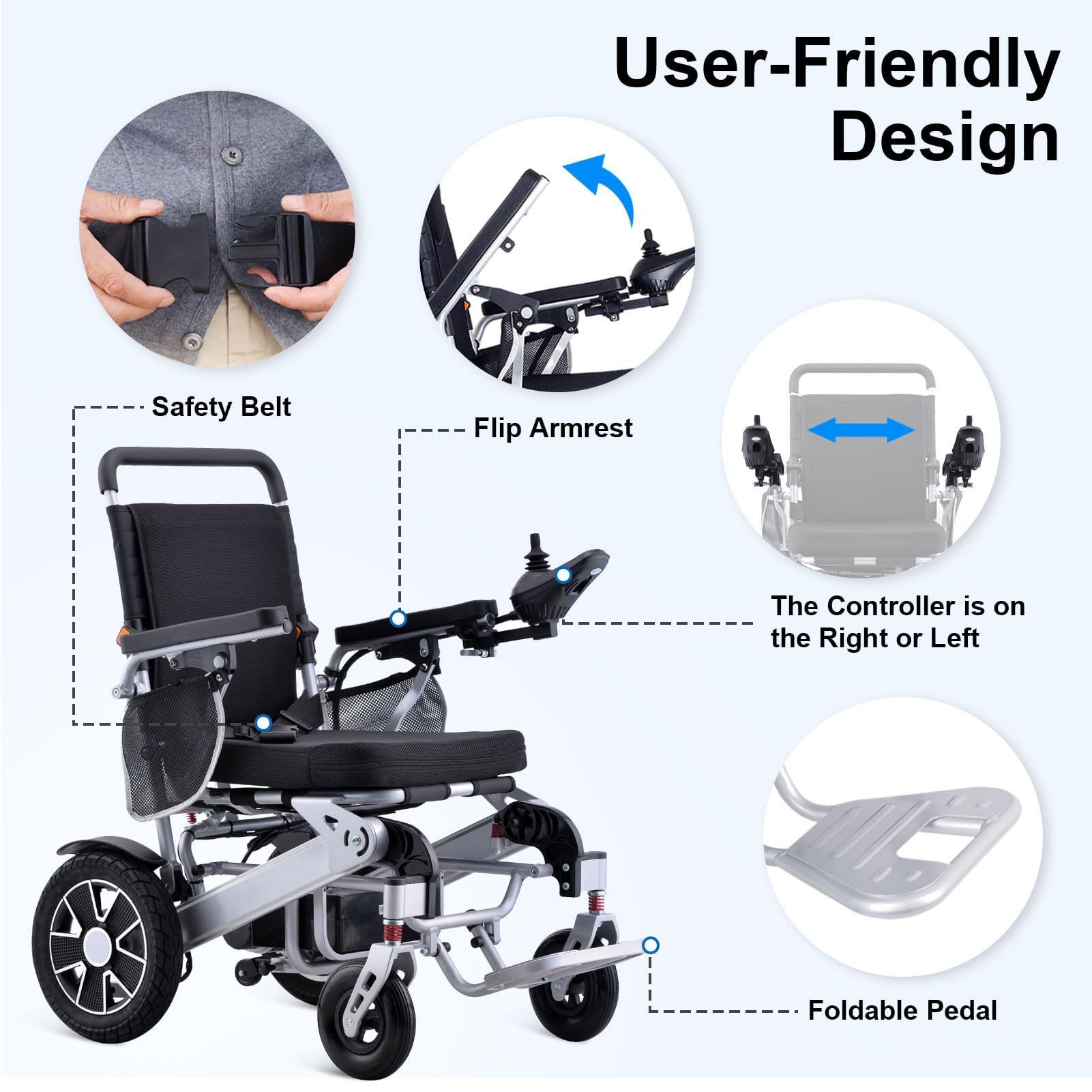 Electric Wheelchair 2024 New Update Folding Power Mobility Wheelchair Weight 64 lbs with 12" Solid Rear Tires More Stable