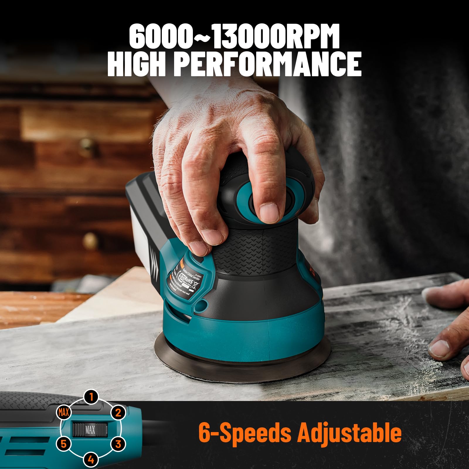 DOVAMAN ROS01A Orbital Sander, 3A Random Orbit Sander, 6 Variable Speeds, Up to 13000 rpm, 12pcs Sandpapers, 5in Sanding Pad, Dust Collection, Electric Sander Perfect for Woodworking