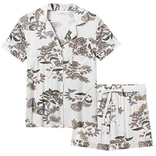 Joyaria Womens Summer Bamboo Short Sleeve Button Up Pajama/Pj/Sleep Shorts Set (Floral Print,XXL)