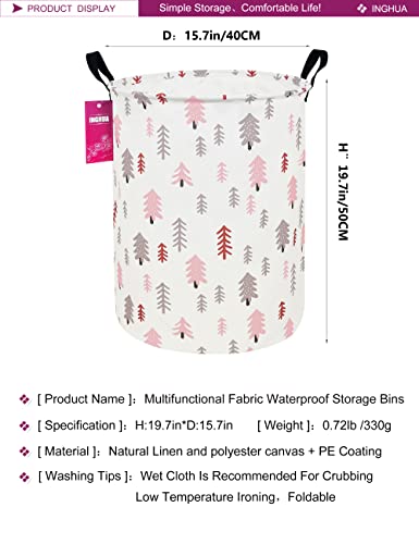 INGHUA Laundry Hamper Large Canvas Fabric Lightweight Storage Basket/Toy Organizer/Dirty Clothes Collapsible Waterproof for College Dorms, Boys and Girls Bedroom,Bathroom(Pink pine tree)