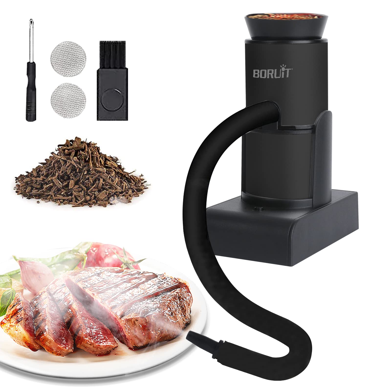 Boruit SK301 Smoking Gun Cocktail Smoker Kit with Wood Chips, Whiskey Meat Bbq Cheese Smoking Infuser Portable Cold Flavour Dry Blaster