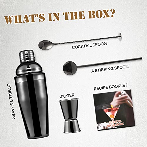 Purism Cocktail Shaker,4-Piece Stainless Steel Bartender Kit Essential Cocktail Bar Tool Set,25 oz Martini Shaker with a Built in Strainer lid &Manual of Recipe, Bar Set for Home Drink Mixing(Black)