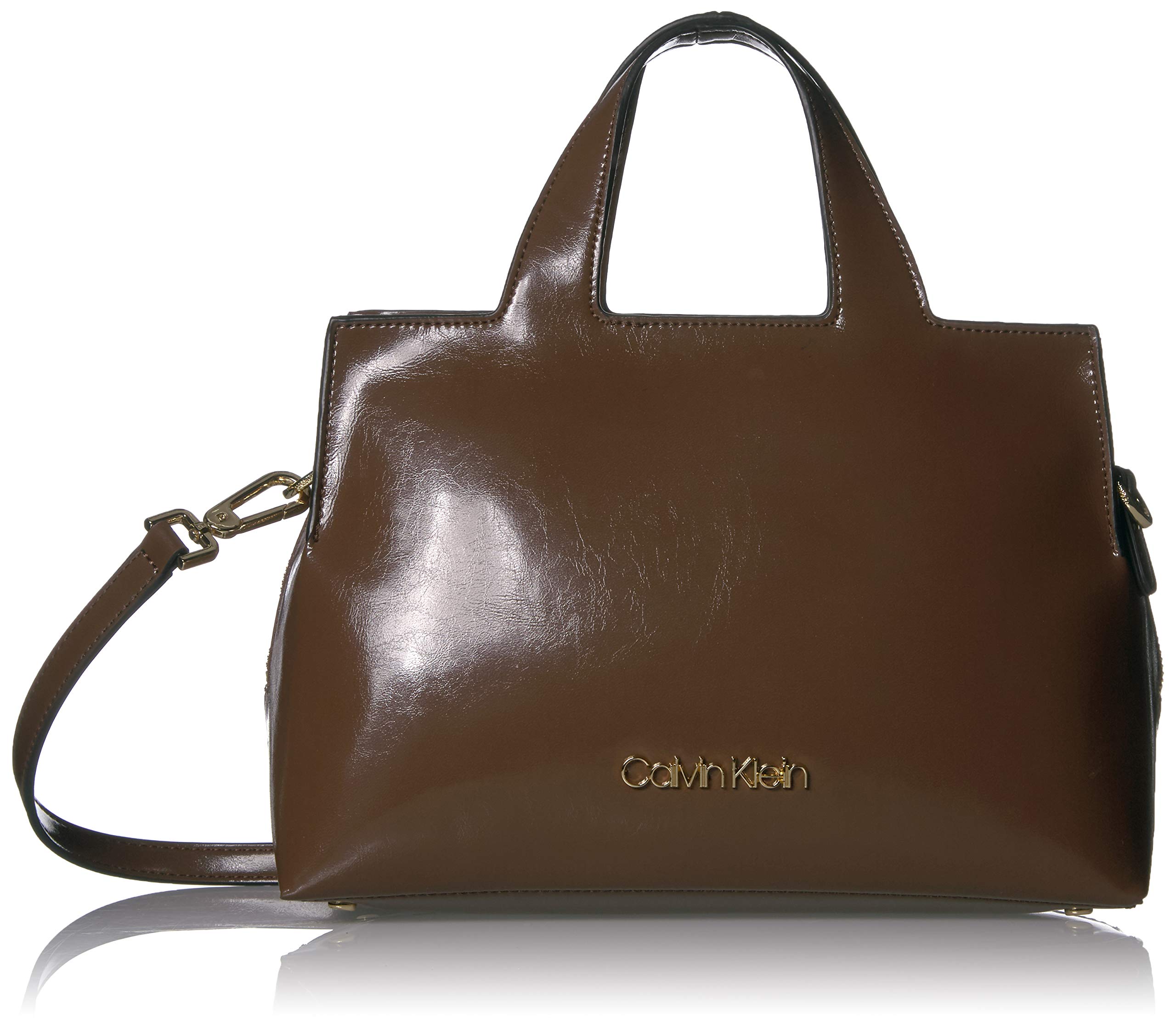 Calvin Klein Neat Glazed Patent Statement Satchel, Walnut