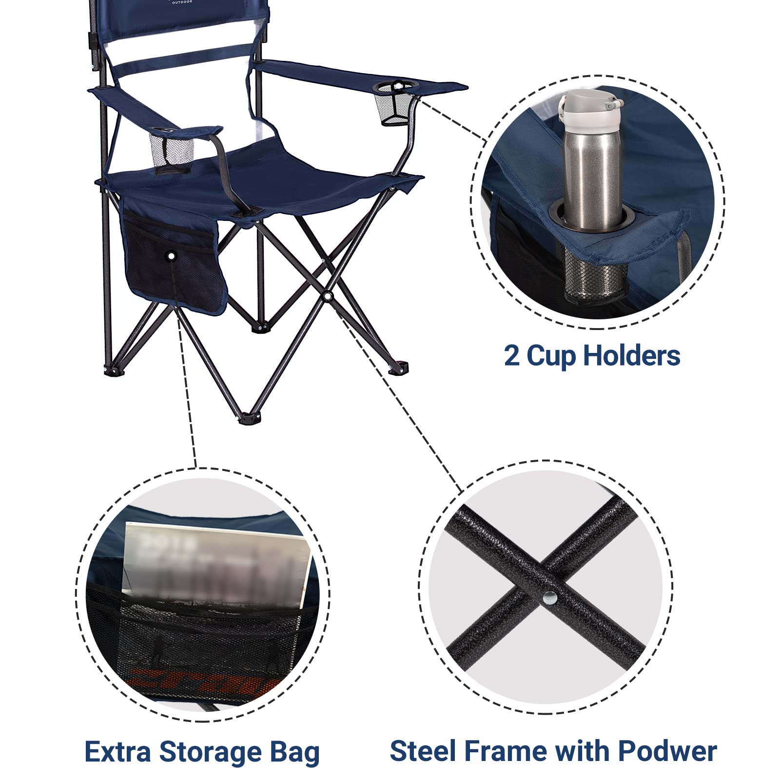 Coastrail Outdoor Canopy Folding Camping Chair with Multi-Position Adjustable Sun Shade Lawn Chair, SPF 50+ Sun Protection with Cup Holder & Storage Pockets, Portable Design for Beach, Camping, Patio