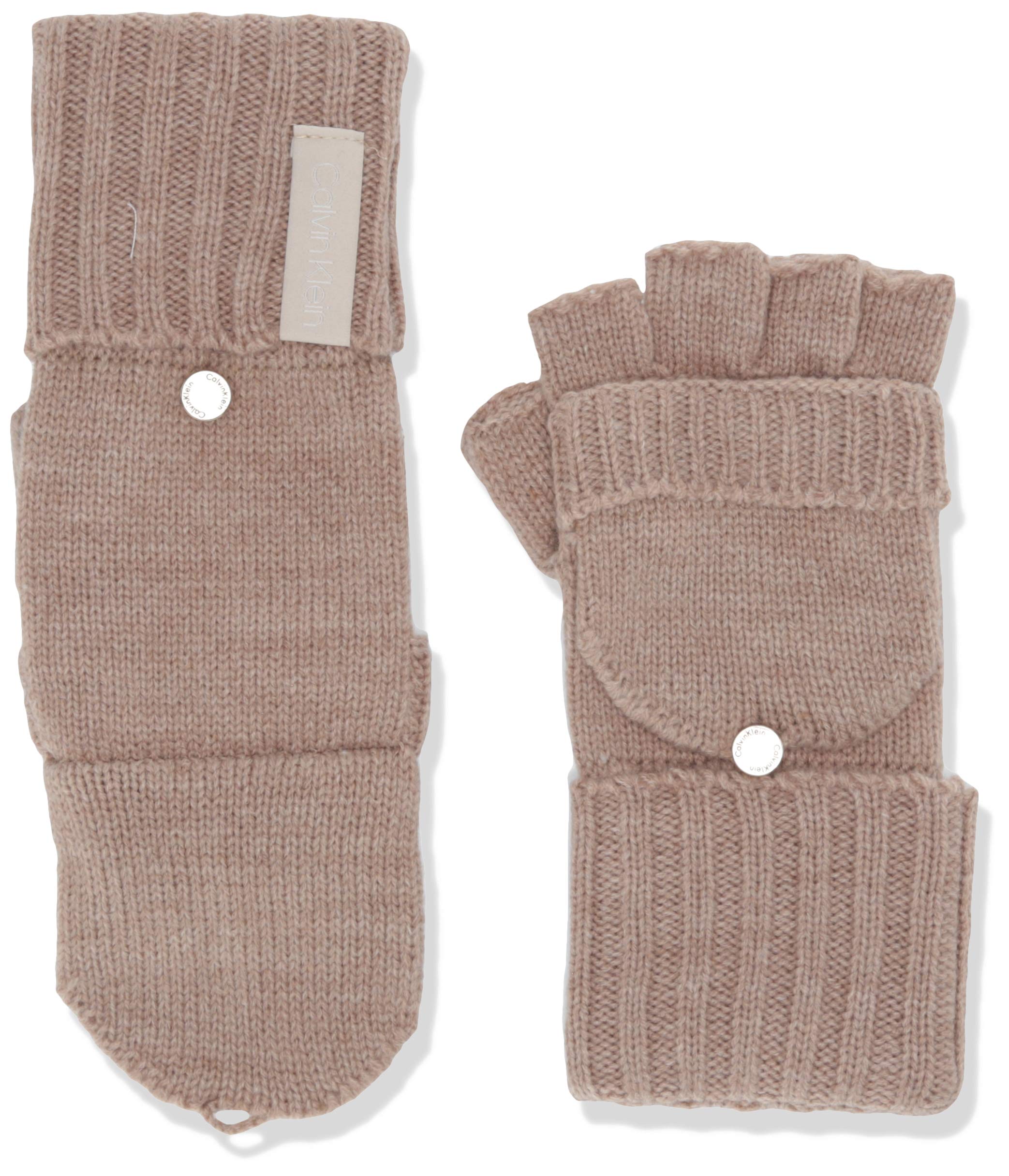 Calvin Klein Women's Knitted Convertible Fingerless Gloves with Mitten Flap Cover, heathered almond, One Size