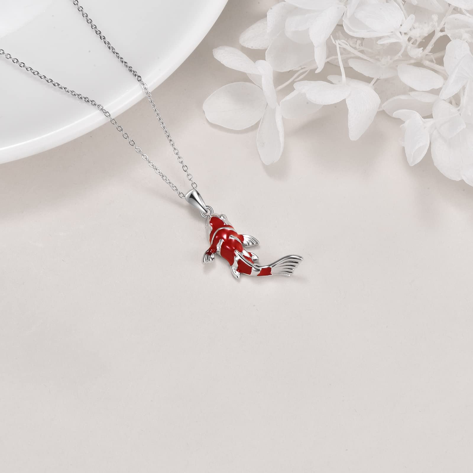 CRMAD Koi Fish Necklace for Women Sterling Silver Red Fish Pandent Gift for Fish Lover (silver)