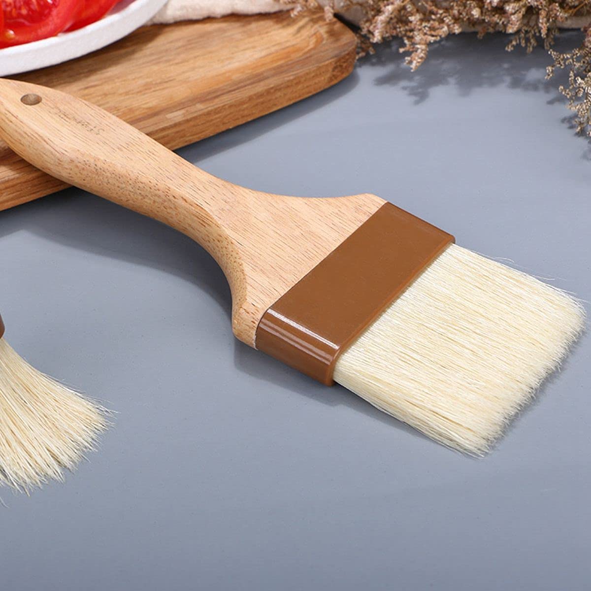 Cooking Boar Bristles Barbecue Wooden Handle Kitchen Pastry Brush Marinade Tool Basting Brush Sauce Baster(Round)
