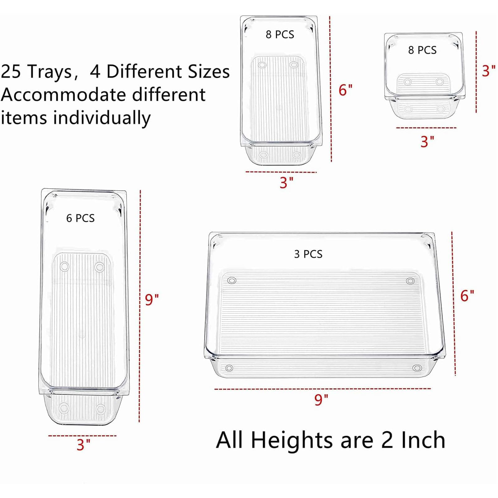 Drawer Organizer Set of 25,4 Sizes Clear Plastic Desk Drawer Divider Storage Bins for Bathroom,Dresser Desk Drawer Tray for Jewelry, Makeup, Junk, Gadgets