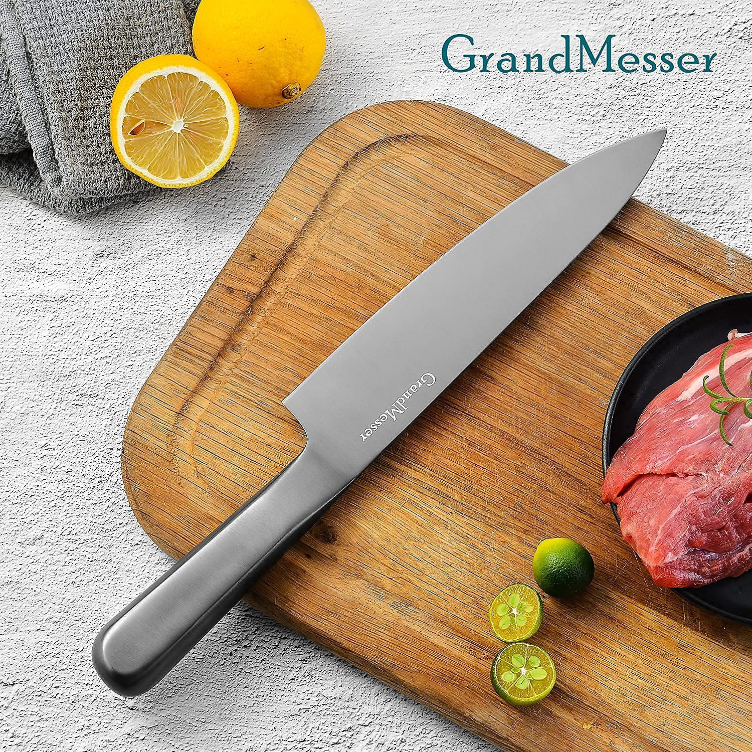 Cooking Chef Knife, 8 Inches Carbon Stainless Steel Kitchen Knife with Sharpener and Ergonomic Handle, Chopping Knife for Professional Use(Matte Stainless)