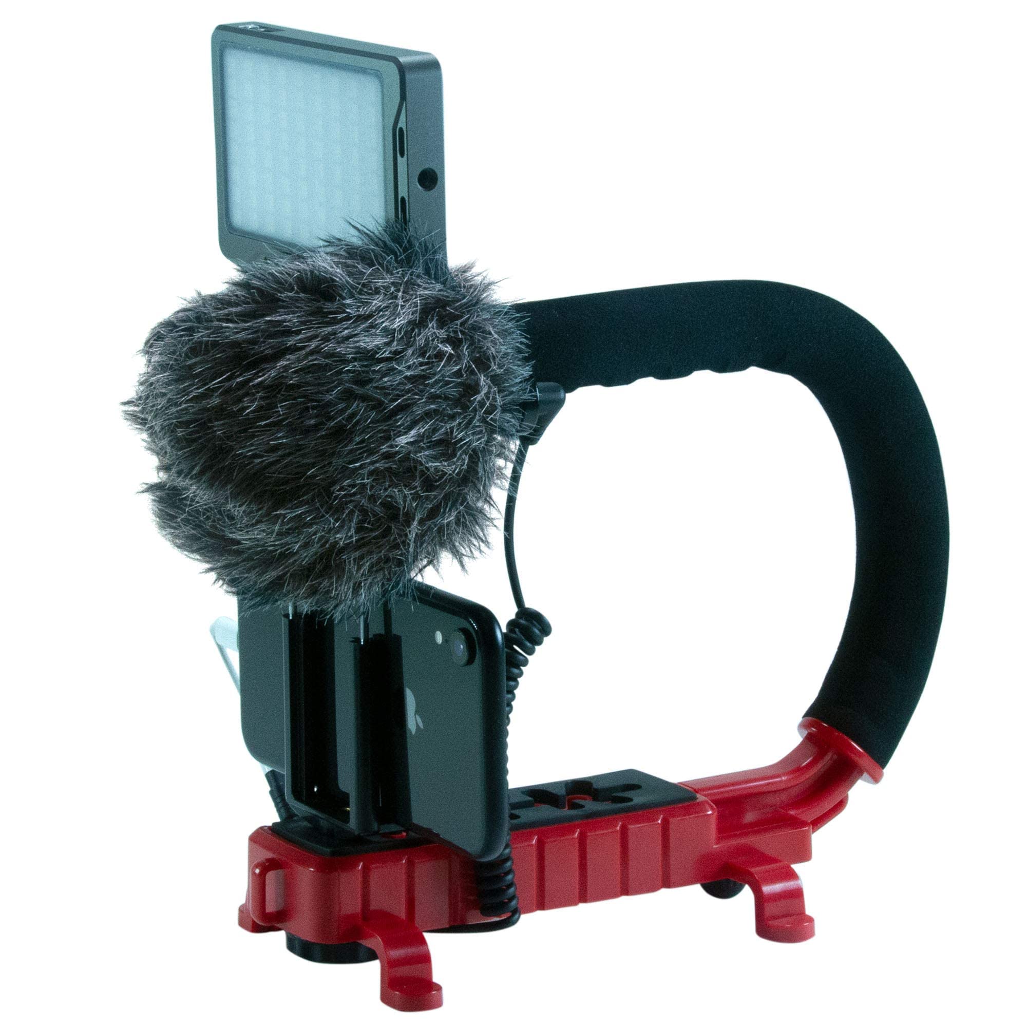 CAM CADDIE U-Grip Pro Handheld Video Rig Steadicam with Triple Cold Shoe, Stabilizing Handle Grip Compatible for iPhone 12 11 Pro Max Xs 8 7 plus GoPro Canon Nikon Sony DSLR Cameras Red Action Edition