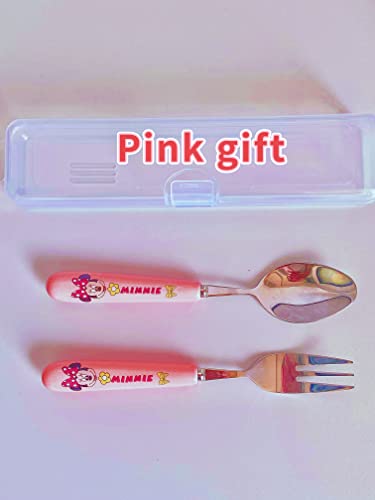 Meet Beauty Ding 1Set Stainless Steel Minnie Spoon Fork Set Pink Kid's Flatware with A Container Girl Children's Tableware Female Student's Cartoon Dinnerware Meal Tool(Made in China