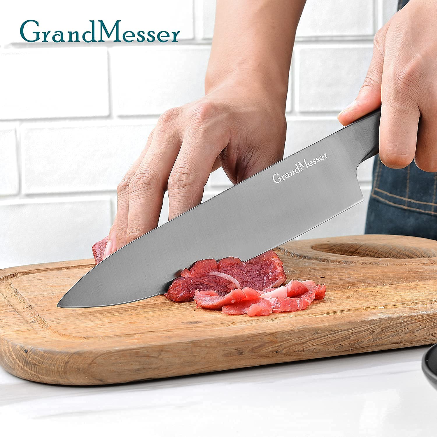Cooking Chef Knife, 8 Inches Carbon Stainless Steel Kitchen Knife with Sharpener and Ergonomic Handle, Chopping Knife for Professional Use(Matte Stainless)