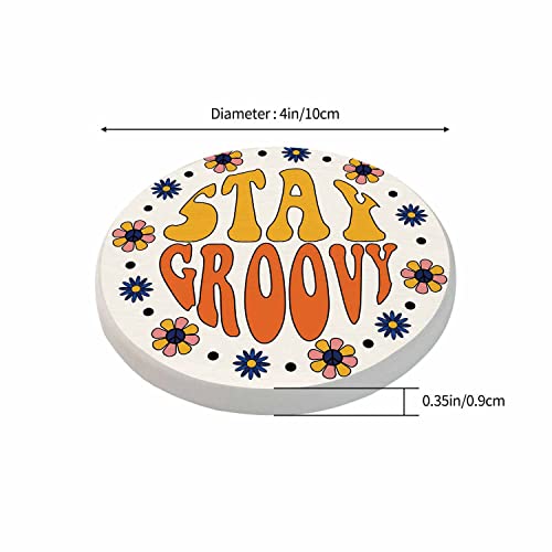 Pznen Stay Groovy Coasters for Drinks Office Coffee Table Seventies Retro Hippie Flowers Wreath in Circle Daisies Floral Living Room Decor Set of 2 for Cold Drinks Wine Mugs and Cups 4 Inch