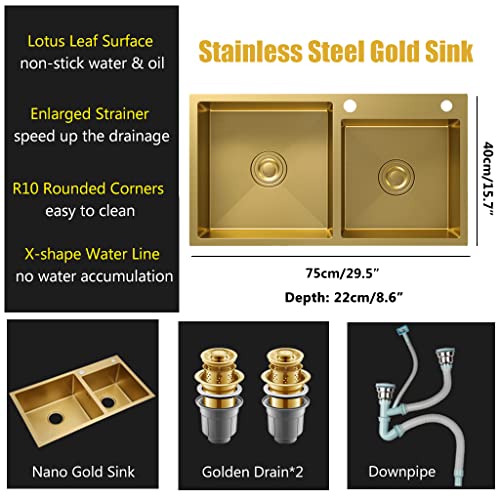 Gold Kitchen Sink, Double Bowl Bar Sink, 304 Stainless Steel Nano-Coated, with Gold Sink Stopper and Drain Strainer, Drop-In or Undermount, 29.5β x15.7β